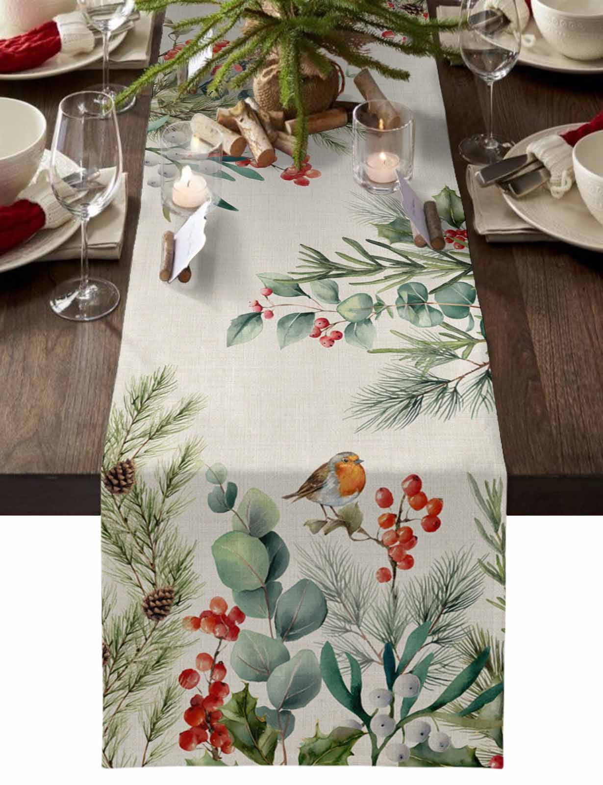 Christmas Eucalyptus Cotton Linen Table Runner for Dining Kitchen, Xmas ...
