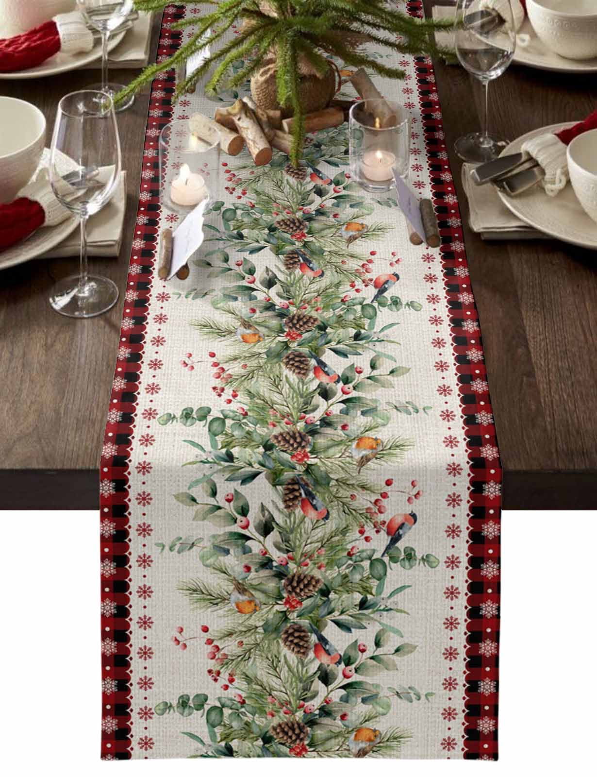 Christmas Eucalyptus Cotton Linen Table Runner for Dining Kitchen, Xmas ...
