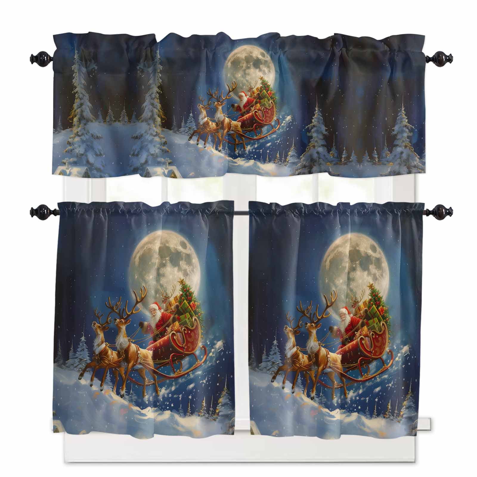 Christmas Eve Kitchen Curtains Valances and Tiers Set of 3 Reindeer ...