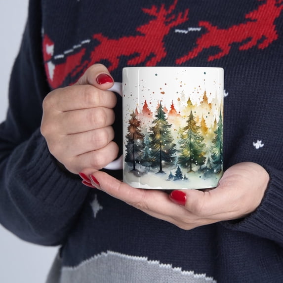 Christmas Evergreen Mug Watercolor Snowy Tree Coffee Cup with Rustic ...