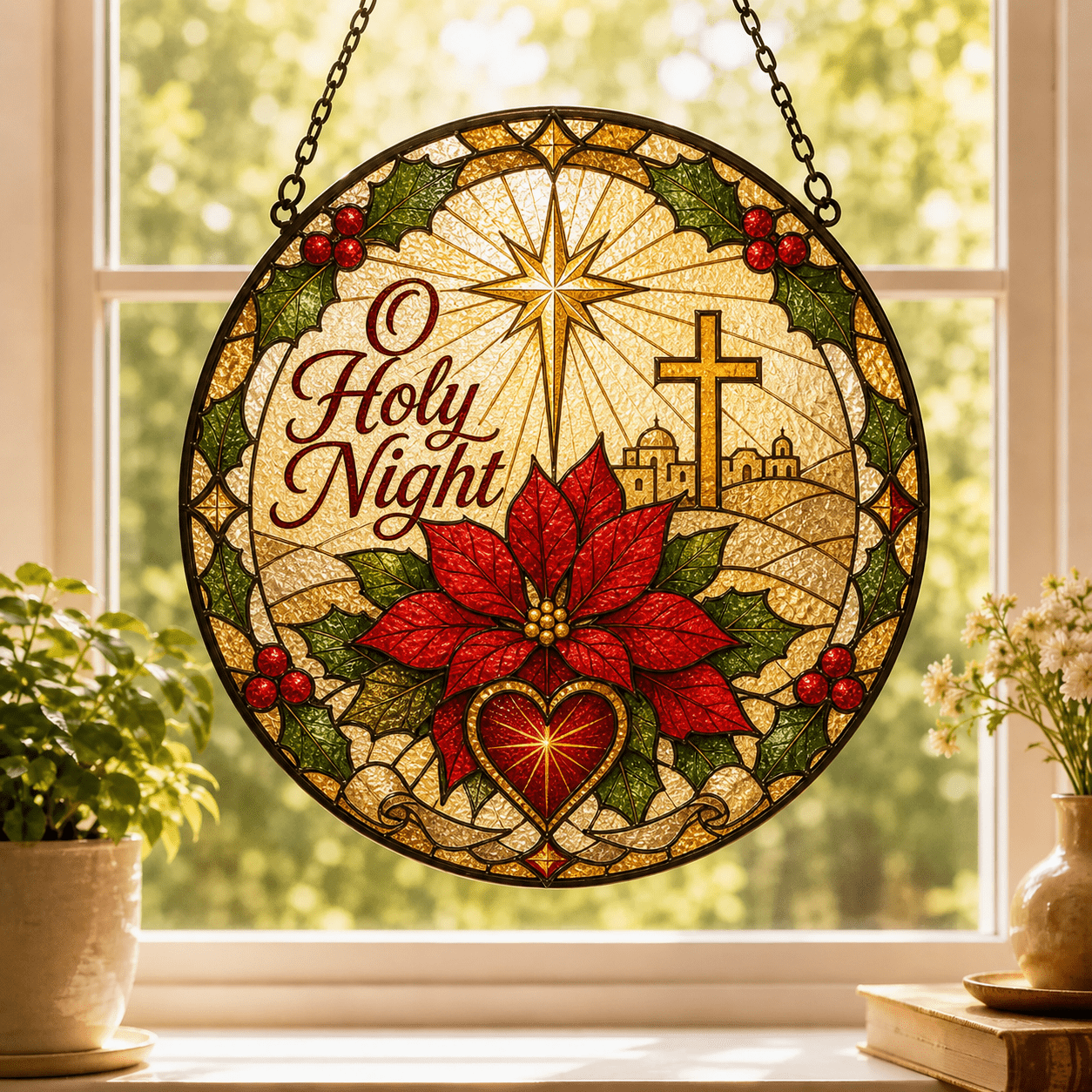 Christmas Faith Decor Suncatcher, Sacred Heart Stained Glass Christian ...