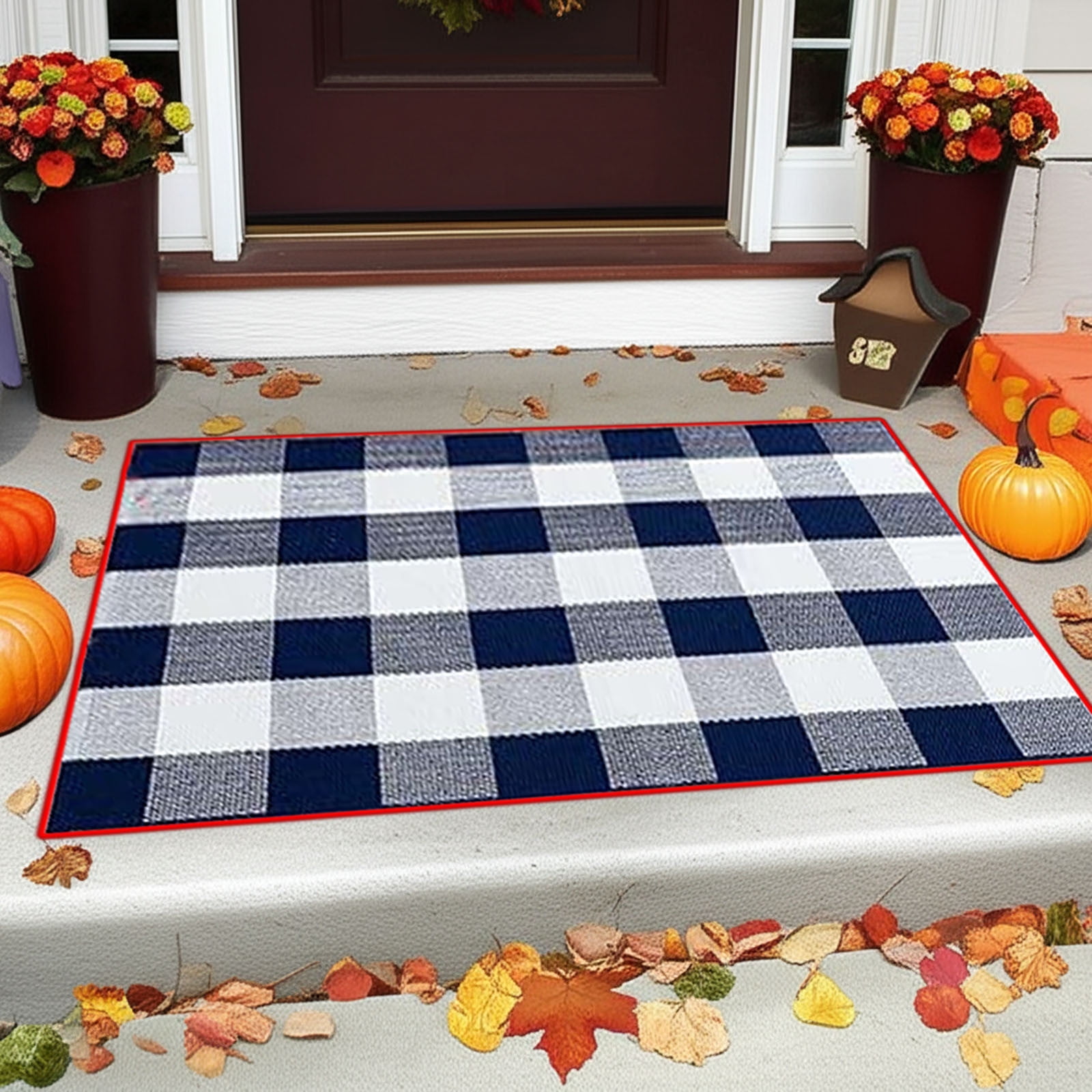 Christmas Fall Outdoor Rug - Orange Plaid Hand-Woven Check Doormat for ...
