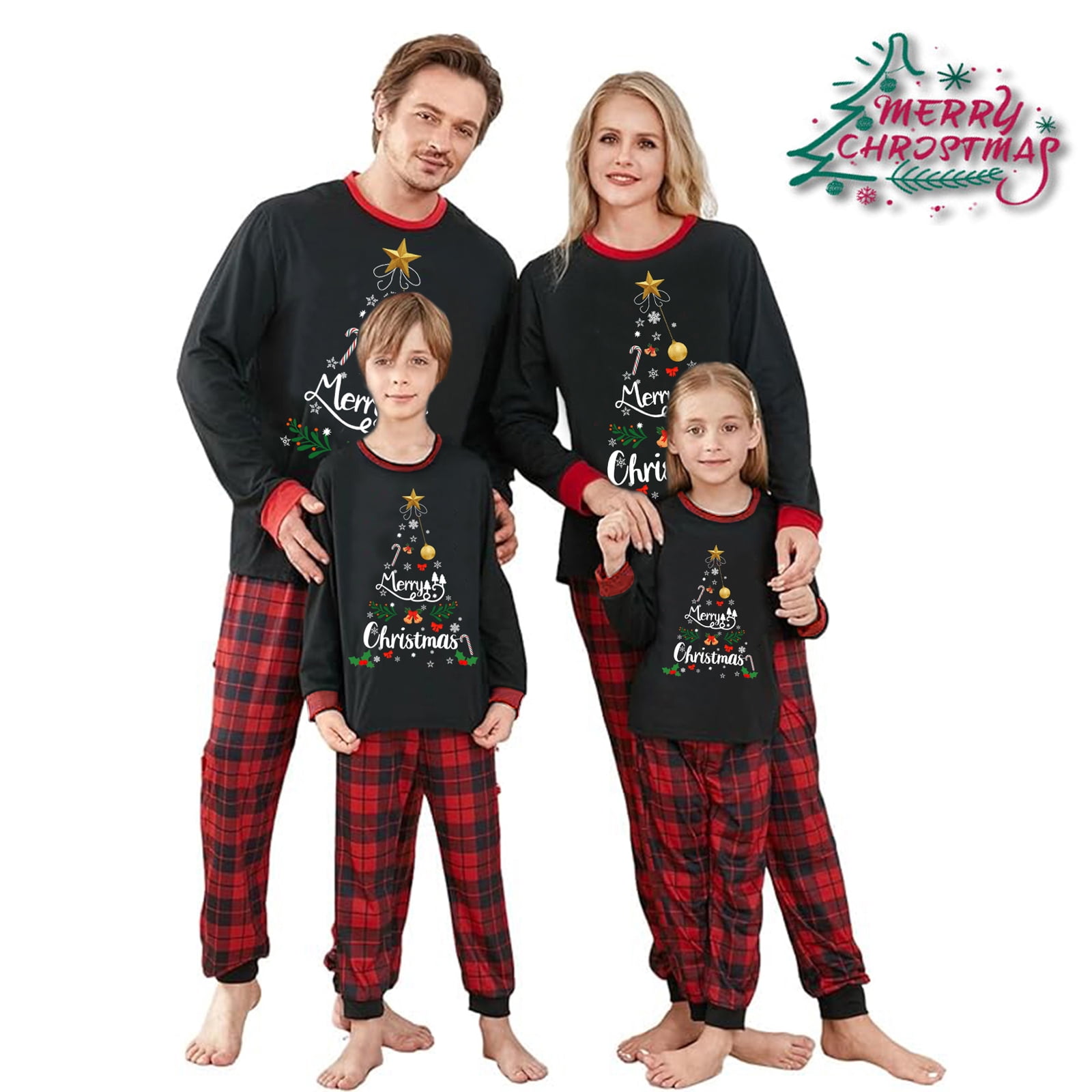 Christmas Family Matching Pajamas Set Letter Xmas Tree Print Tops+Plaid ...