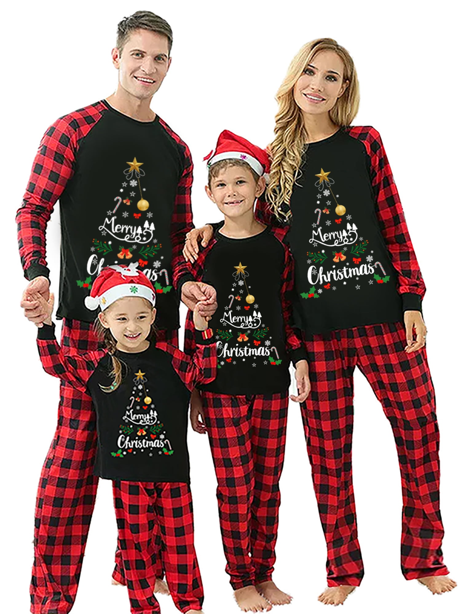 Christmas Family Matching Pajamas Set Xmas Tree Letter Print Tops+Plaid ...