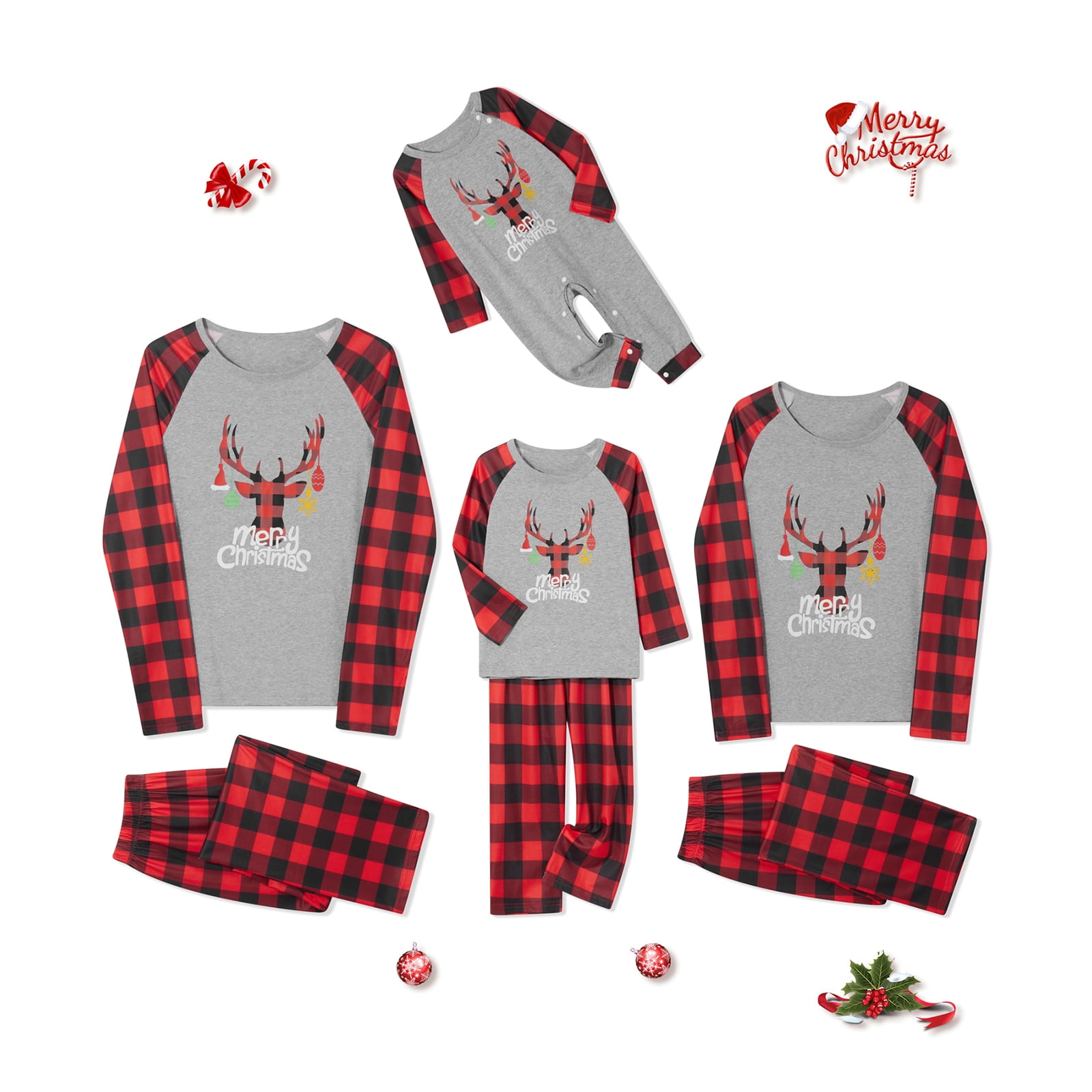 Christmas Family Pajamas Matching Set Elk Plaid Print Long Sleeve Tops ...