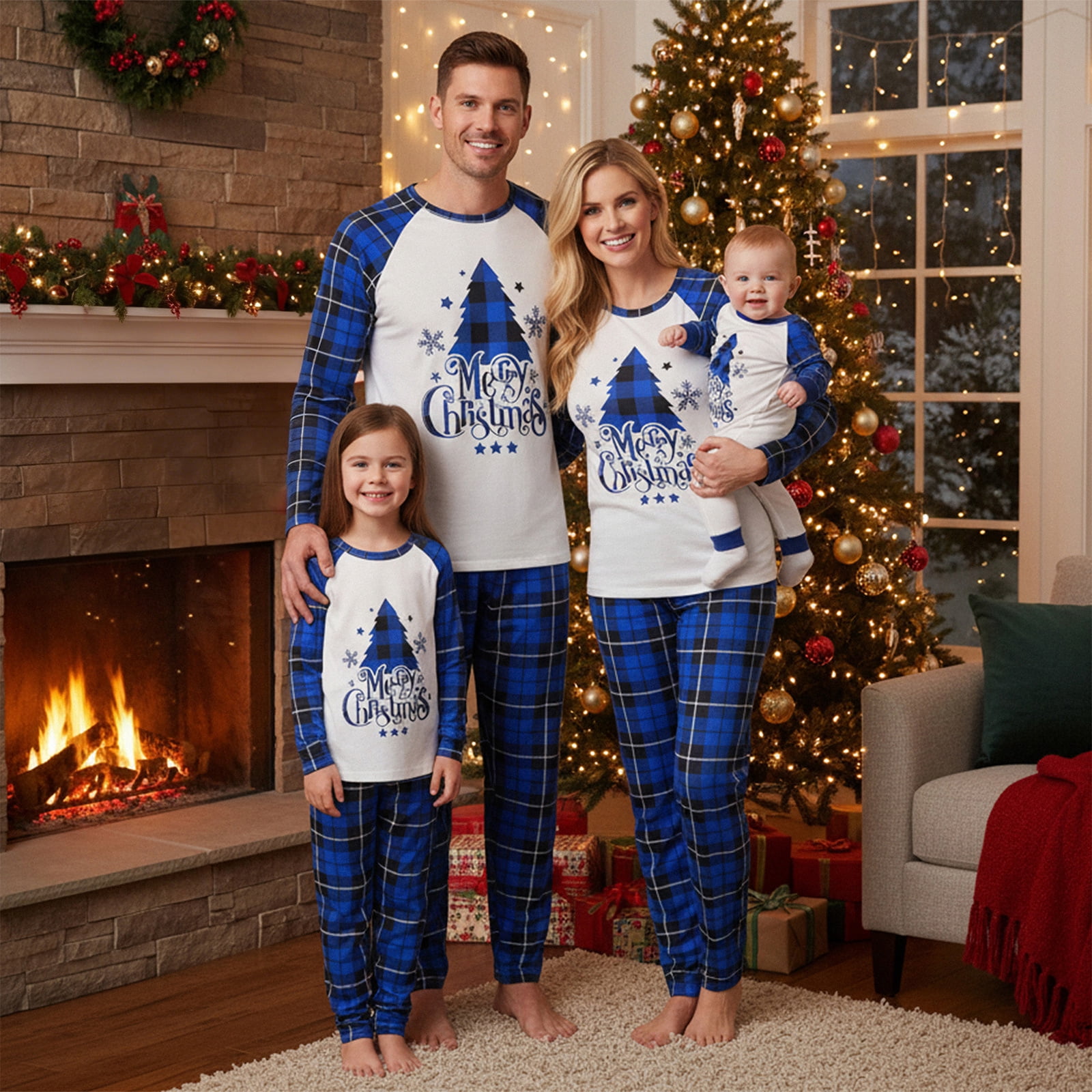 Christmas Family Pajamas Matching Set Letter Christmas Tree Print Long ...