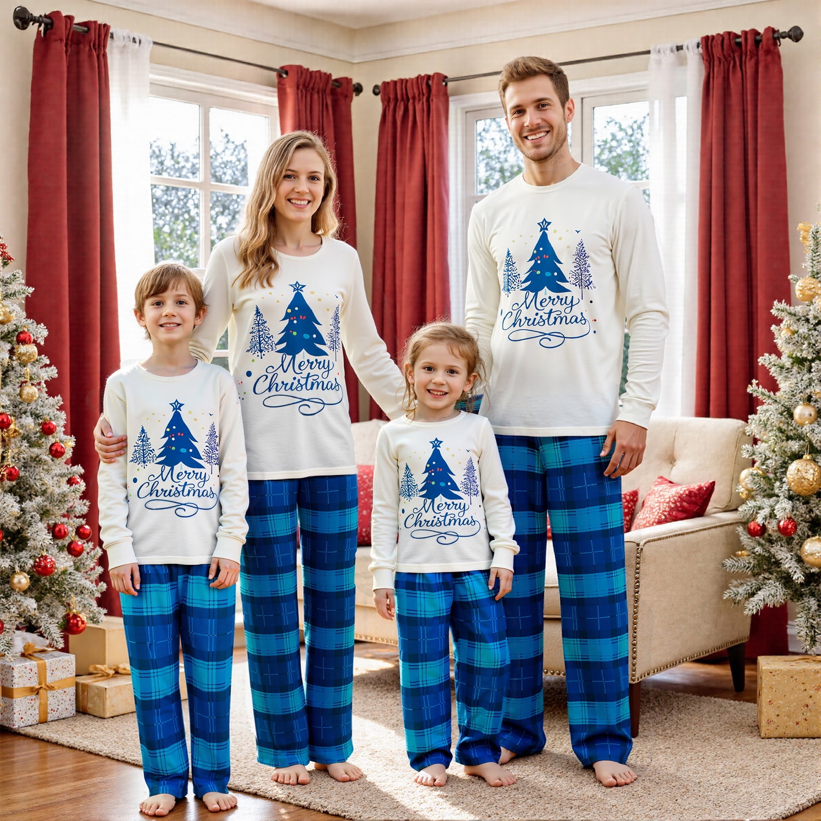 Christmas Family Pajamas Matching Set Letter Christmas Tree Print Long ...