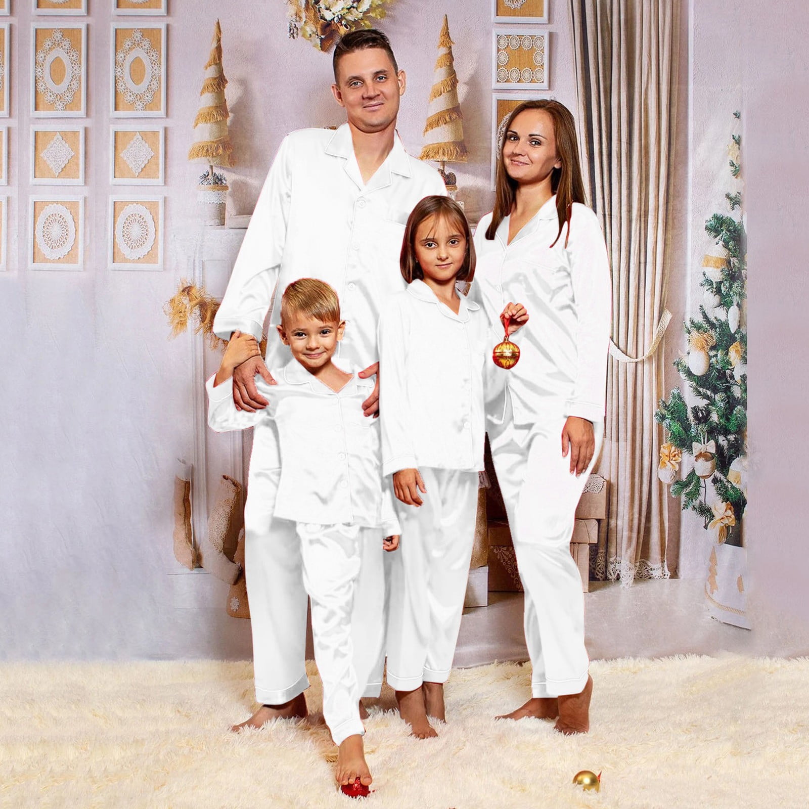 Christmas Family Pajamas Matching Sets White Satin Pjs Button-Down Top ...