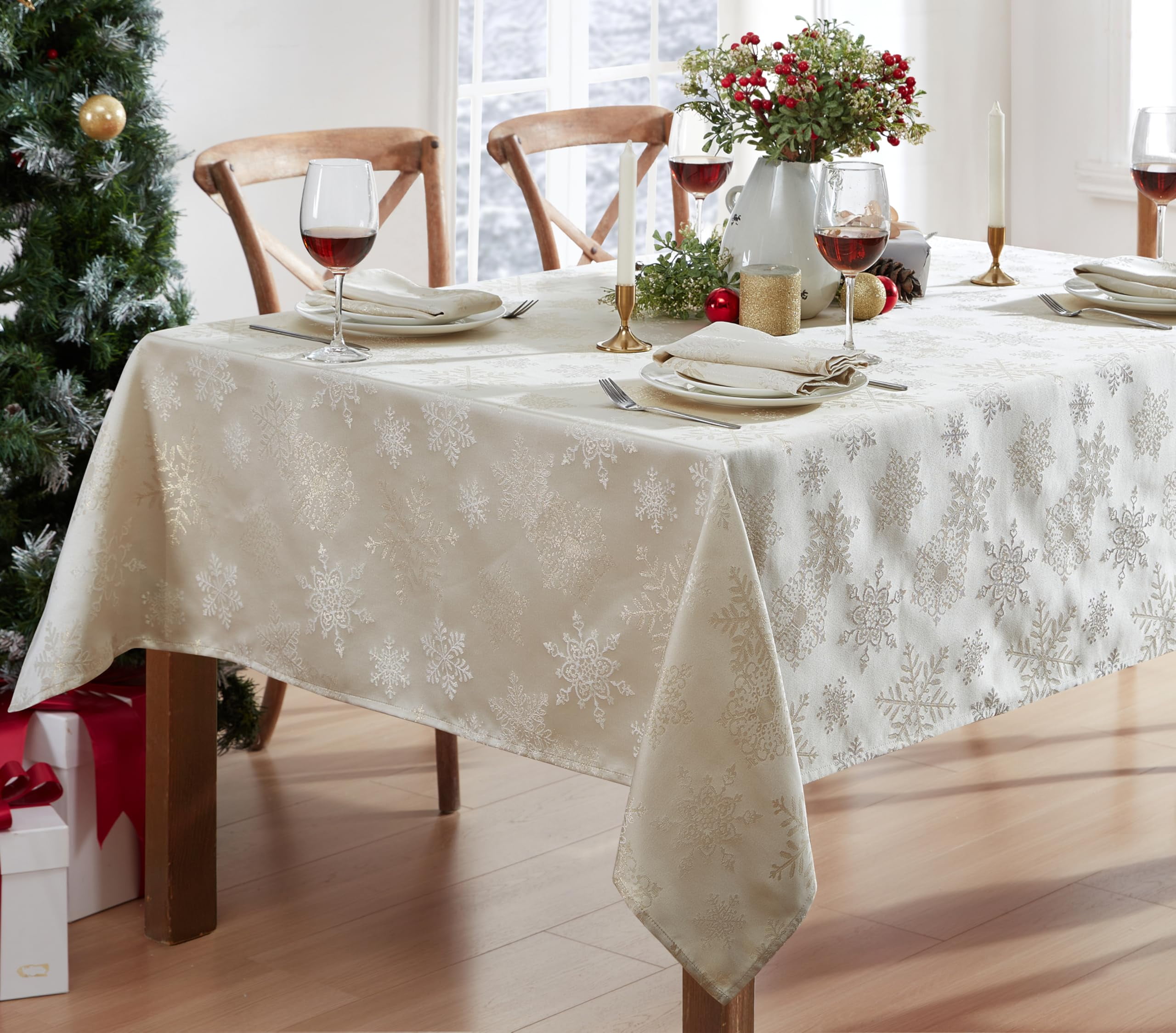 Christmas Fancy Ivory and Gold Metallic Snowflake 52 x 52 inch Square ...