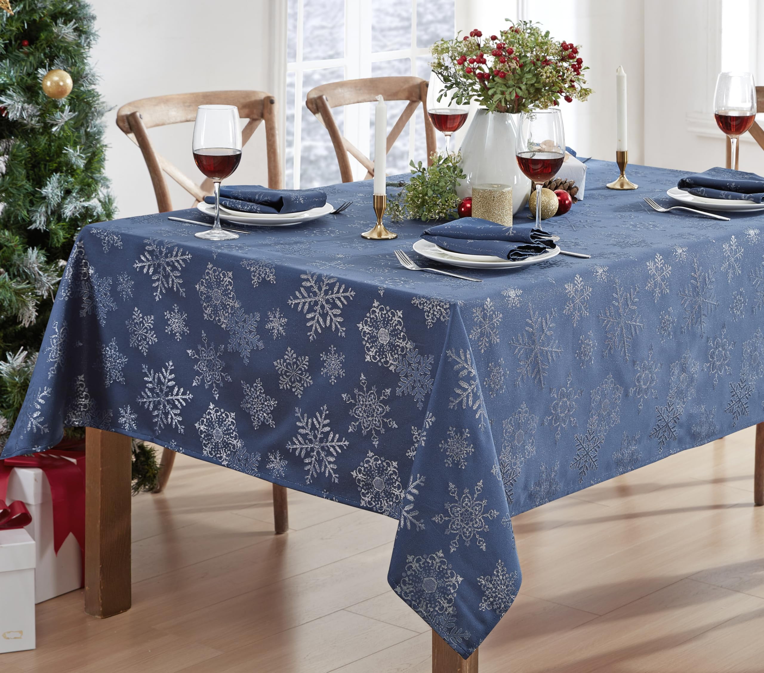 Christmas Fancy Navy and Silver Metallic Snowflake 52 x 52 inch Square ...