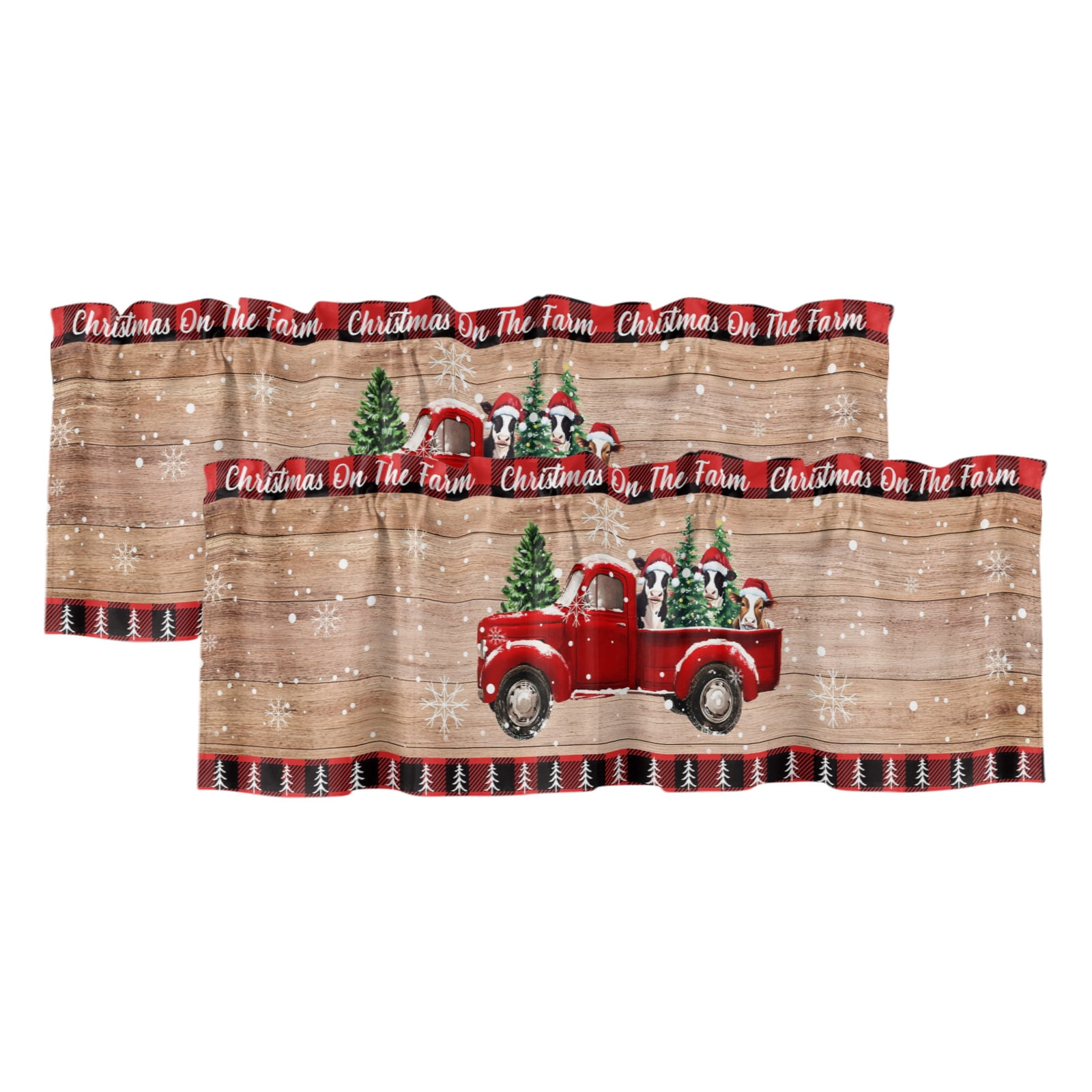 Christmas on The Farm 2 Panels Kitchen Valance, Cow Truck Wood Grain ...