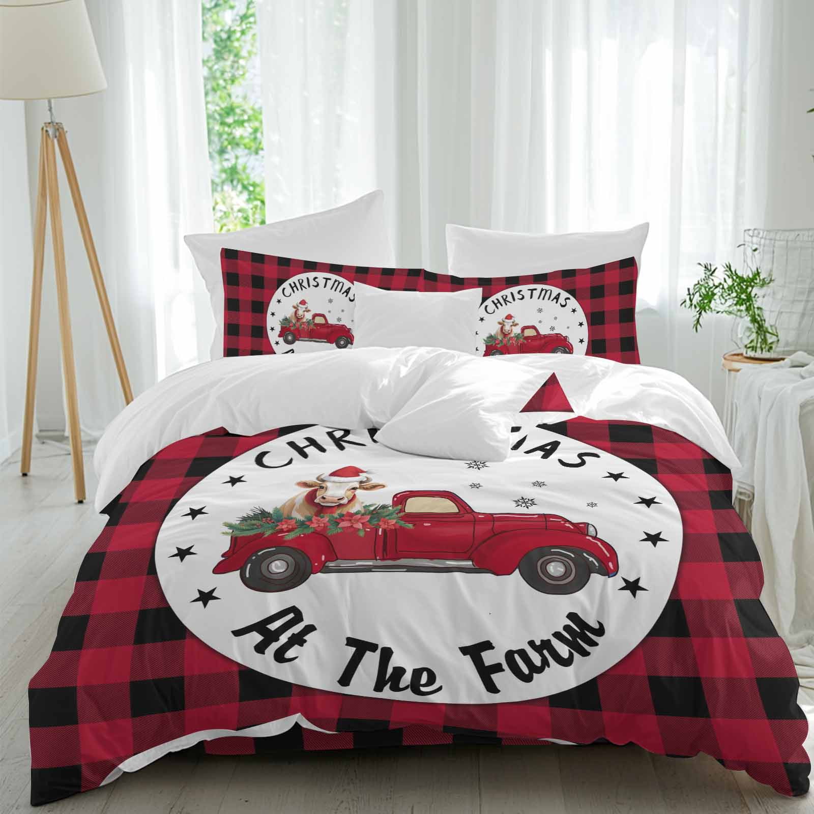 Christmas at The Farm Comforter Set Twin Size, Xmas Truck Cow Red Black ...