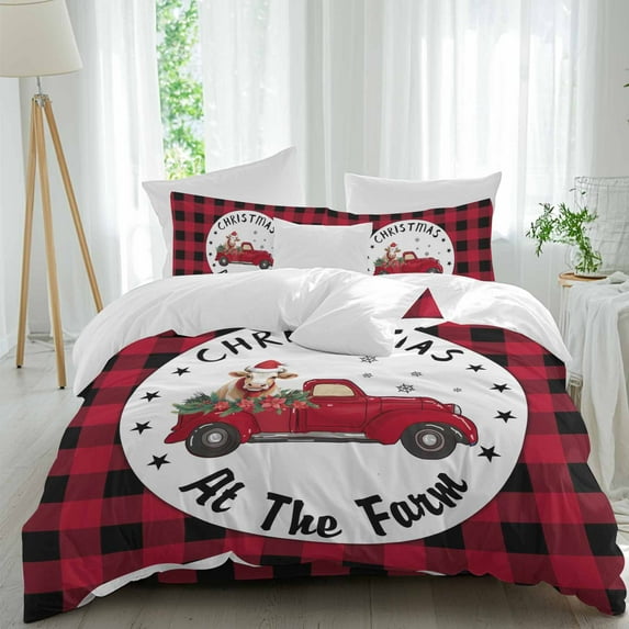 Christmas at The Farm Comforter Set Twin Size, Xmas Truck Cow Red Black ...
