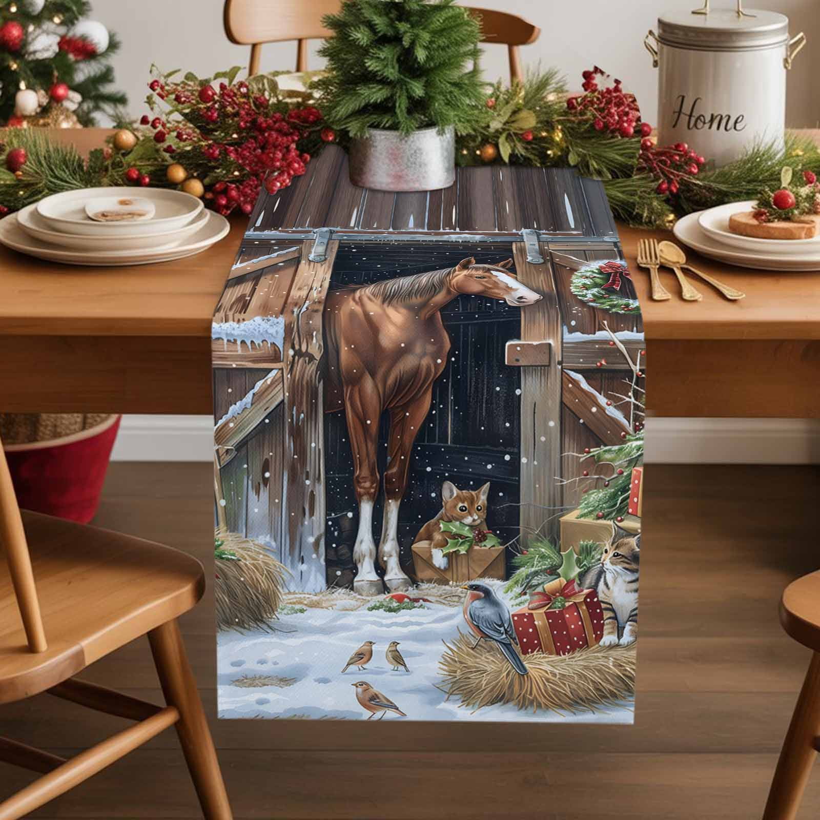 Christmas Farmhouse Horse Cat Holly Garland Table Runner 13x70in Non ...