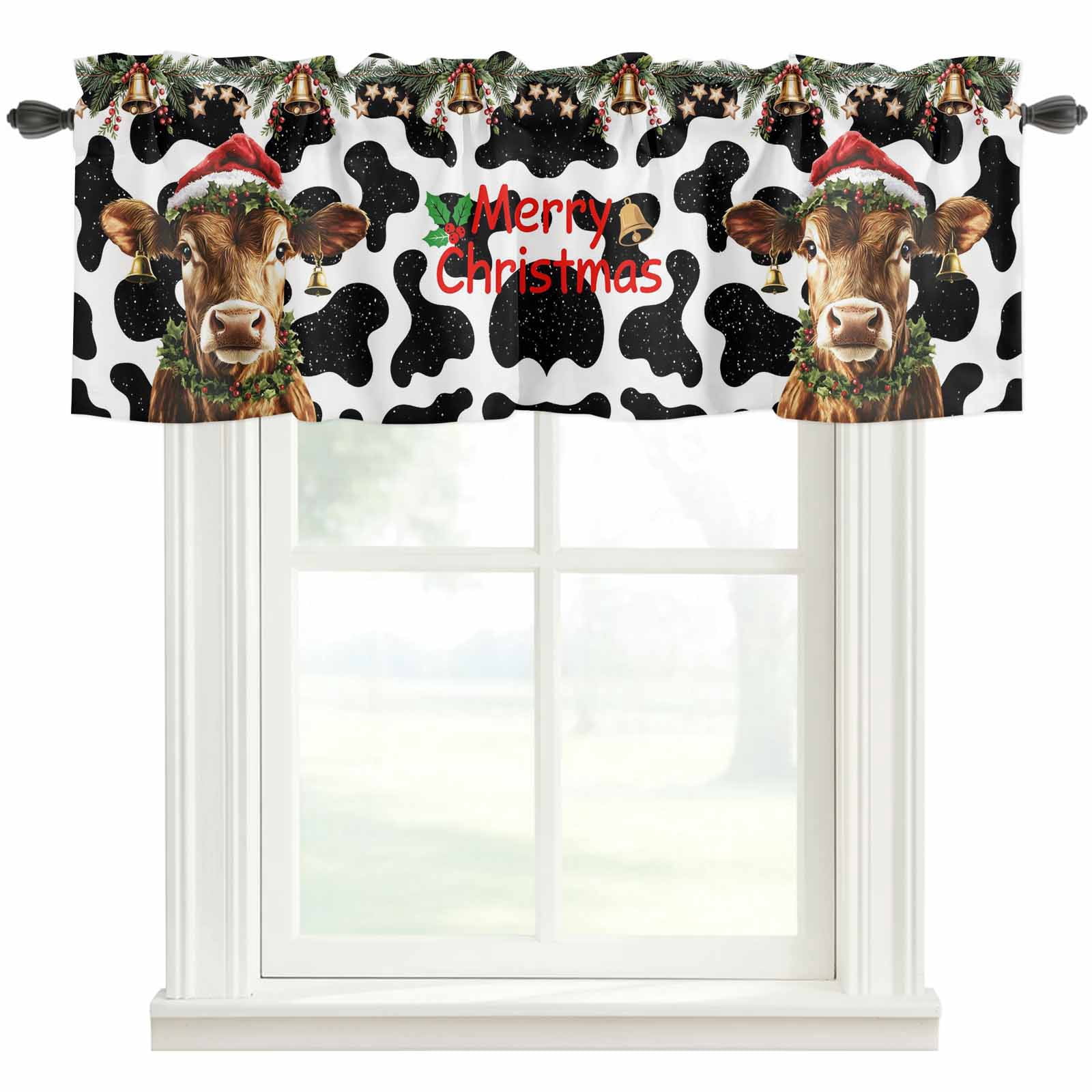 Christmas Farmhouse Short Window Curtain Valances, Winter Cow Xmas Pine ...