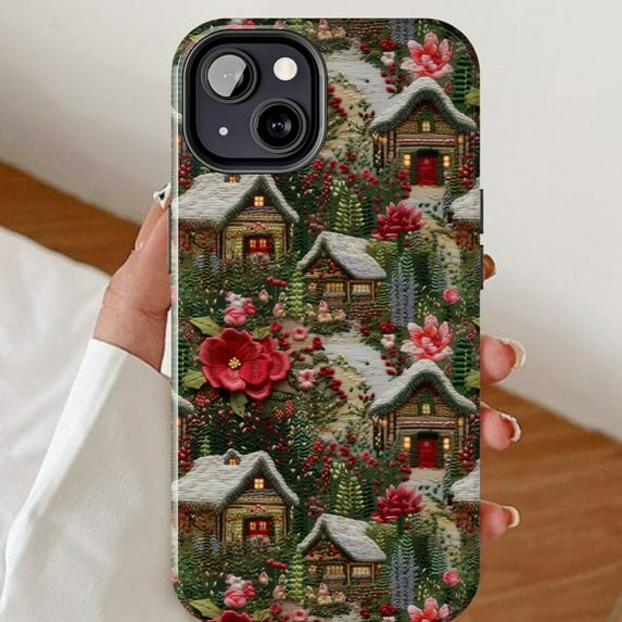 Christmas Faux Embroidery Xmas Embroidered Print Winter Landscape Case ...
