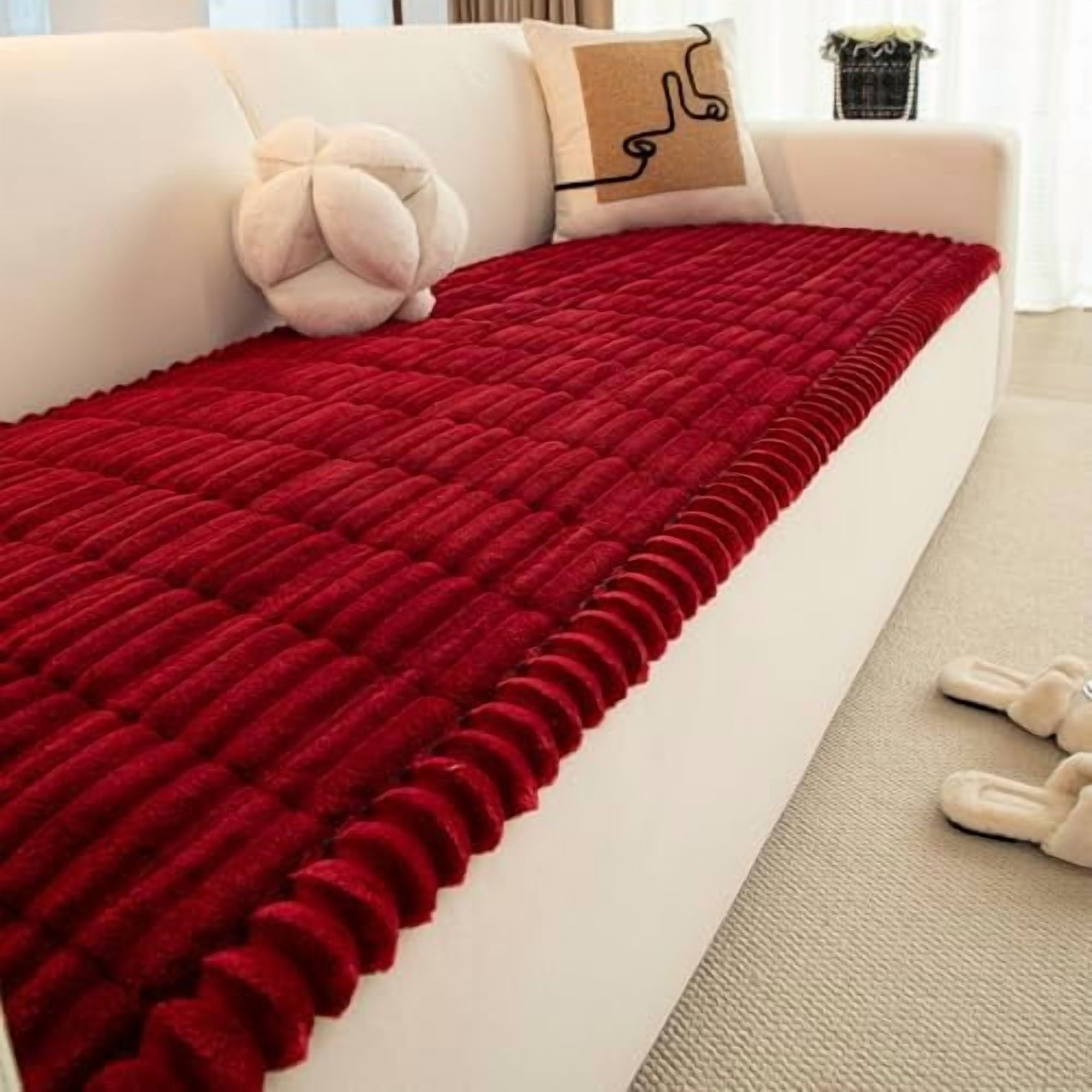 Christmas Faux Fur Plush Dog Couch Cover, 3D Stripe Fuzzy Sofa Covers ...