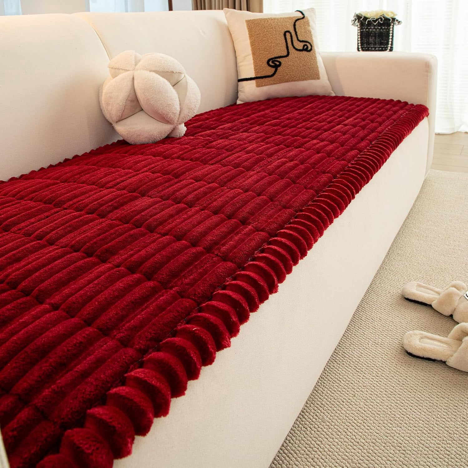 Christmas Faux Fur Plush Dog Couch Cover, 3D Stripe Fuzzy Sofa ...
