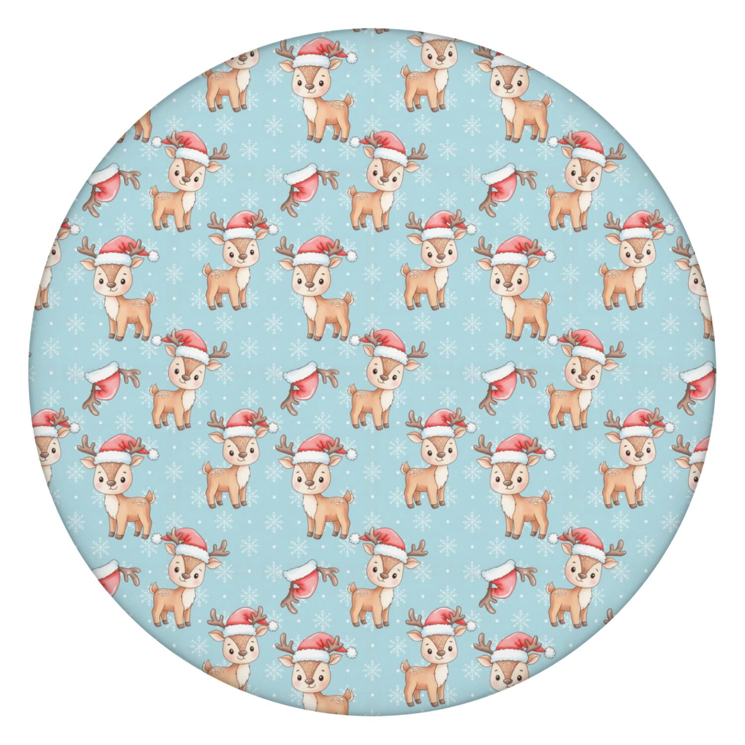 Christmas Fawn Santa Hat Light Blue Pattern Round Elastic Tablecloth ...
