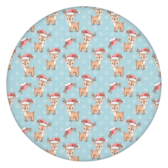 Christmas Fawn Santa Hat Light Blue Pattern Round Elastic Tablecloth ...