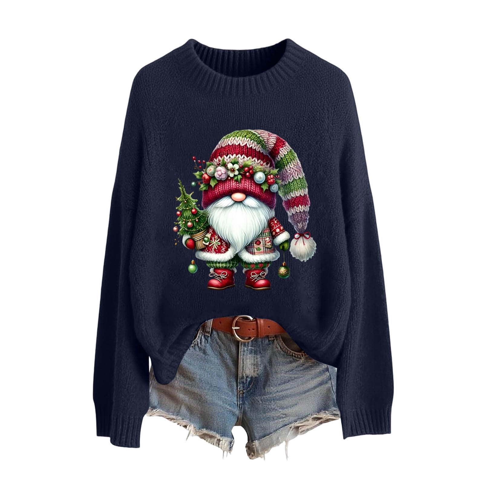 Christmas Festive Santa Knit Sweater Long Sleeve Round Neck Holiday ...