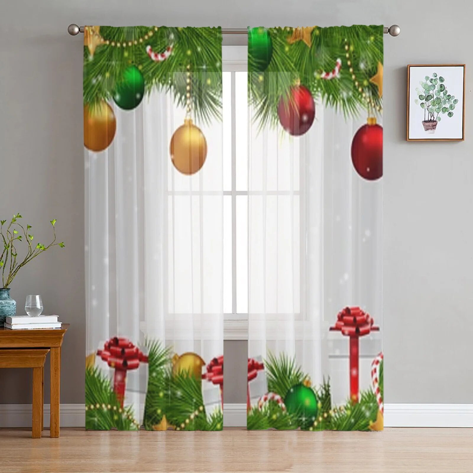 Christmas Fir Branches And Balls Chiffon Sheer Curtains For Living Room ...
