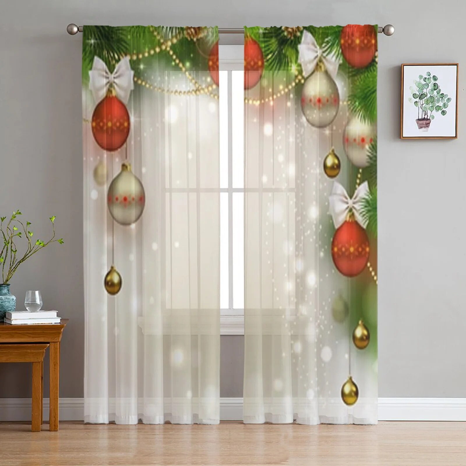 Christmas Fir Branches And Balls Chiffon Sheer Curtains For Living Room ...