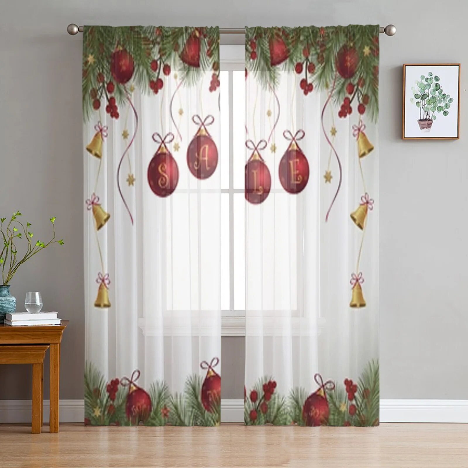Christmas Fir Branches And Balls Chiffon Sheer Curtains For Living Room ...