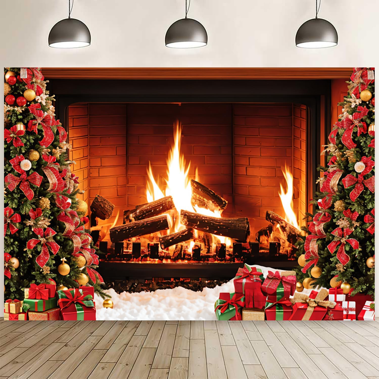 Christmas Fireplace Backdrop Burning Fireplace Xmas Trees Photography ...