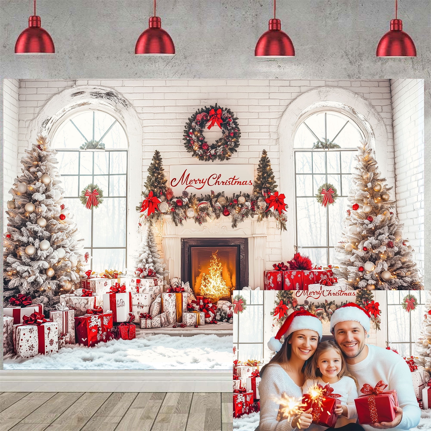 Christmas Fireplace Backdrop Photography, Merry Christmas Tree Rustic White Brick Wall Window ...