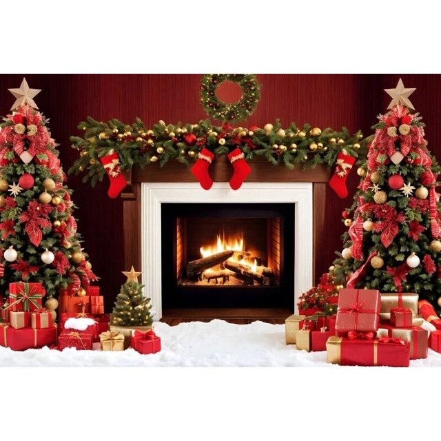 Christmas Fireplace Backdrop Rustic Red Brick Wall Interior Xmas Tree ...