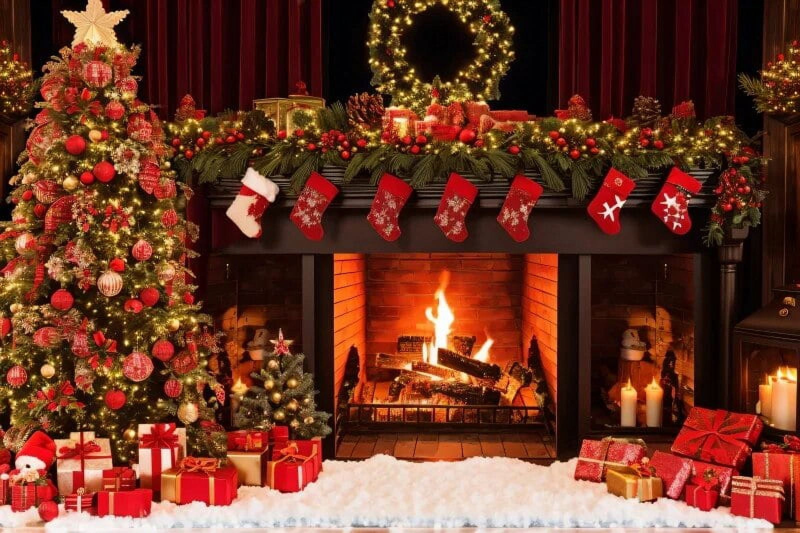 Christmas Fireplace Backdrop Rustic Red Brick Wall Interior Xmas Tree ...