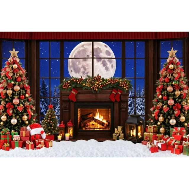Christmas Fireplace Backdrop Rustic Red Brick Wall Interior Xmas Tree ...