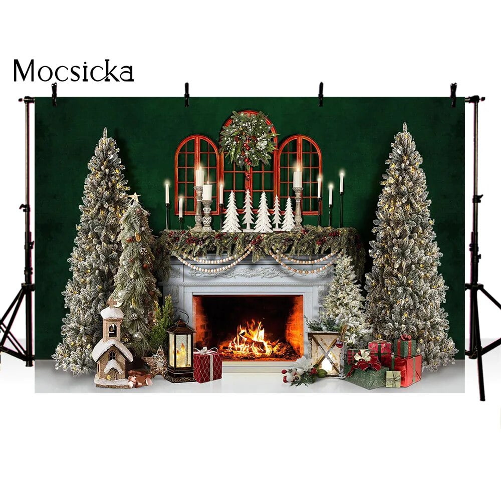 Christmas Fireplace Backdrop for Photography Fire Pine Tree Candles X ...
