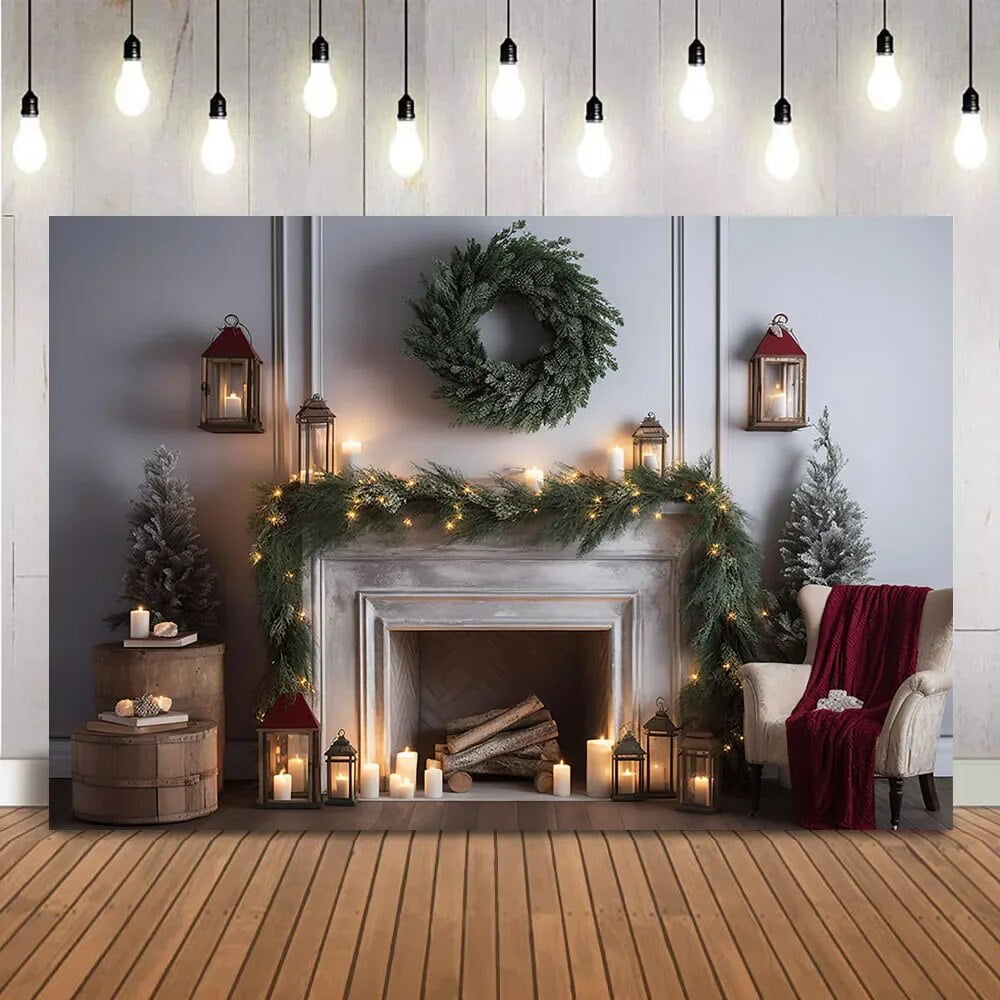 Christmas Fireplace Backdrop for Photography Green Christmas Trees ...