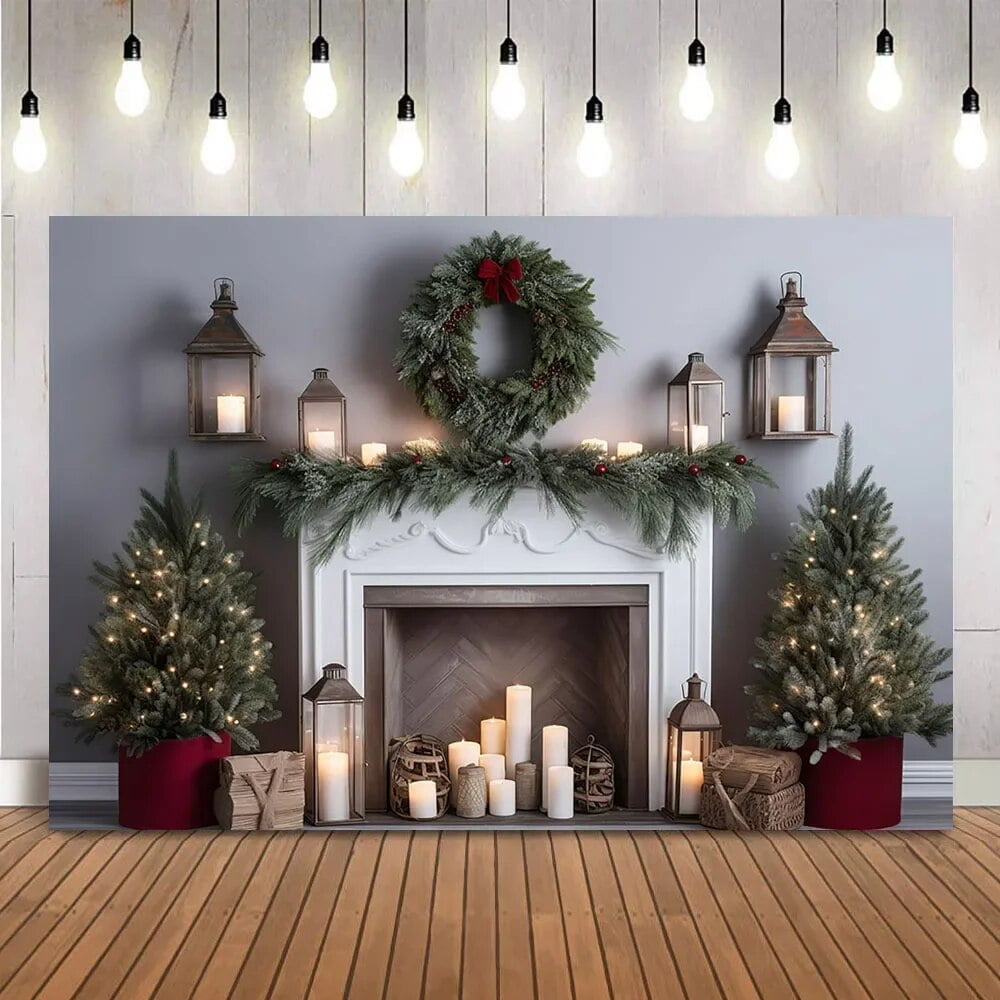 Christmas Fireplace Backdrop for Photography Green Christmas Trees Vintage Oil Light Photo Booth ...