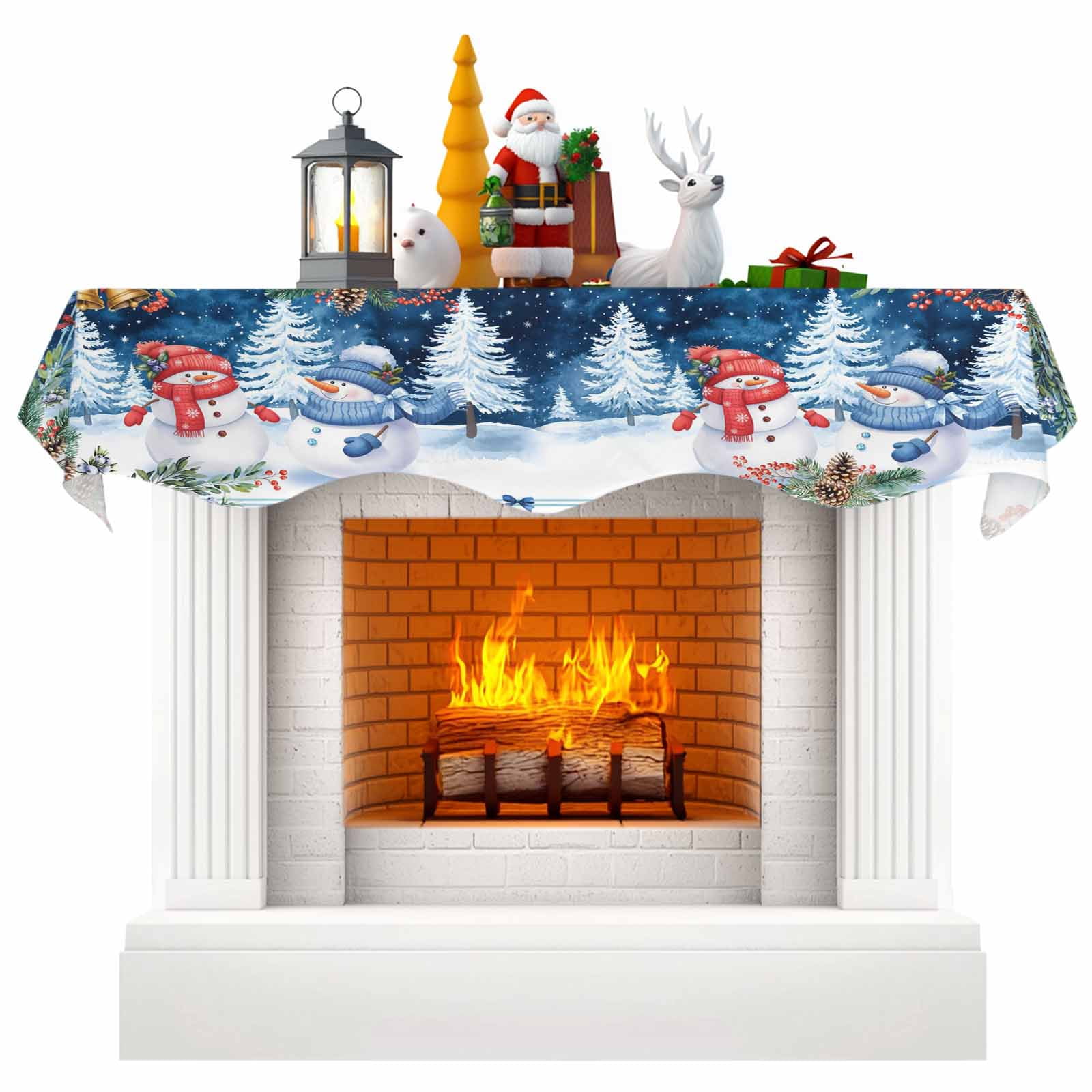 Christmas Fireplace Mantel Scarf Table Runner, Xmas Snowman Tree ...