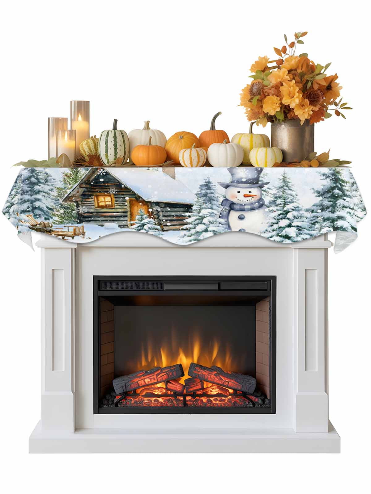 Christmas Fireplace Mantle Scarf Winter Blue Snowman Xmas Tree ...