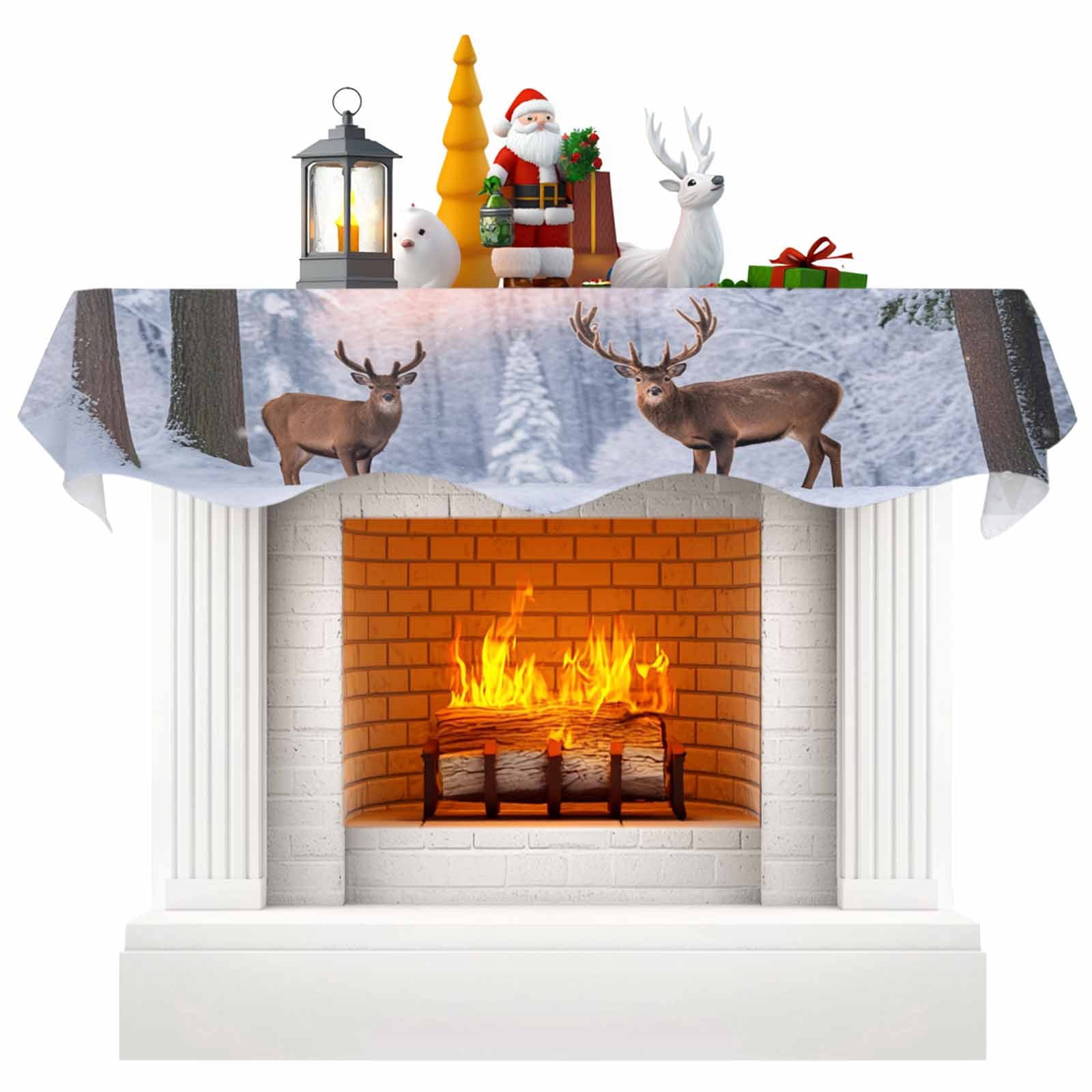 Christmas Fireplace Mantle Scarf, Winter Elk Snowy Forest Sunset ...