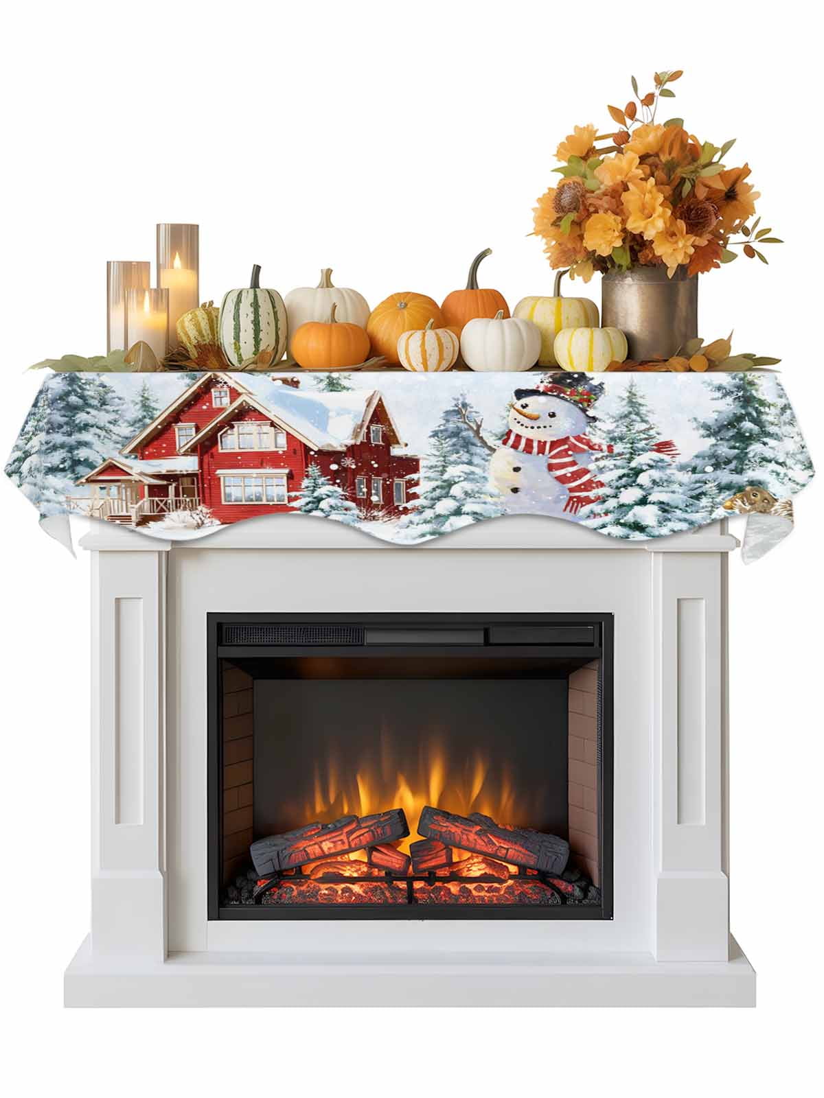 Christmas Fireplace Mantle Scarf Winter Snowman Christmas Tree ...