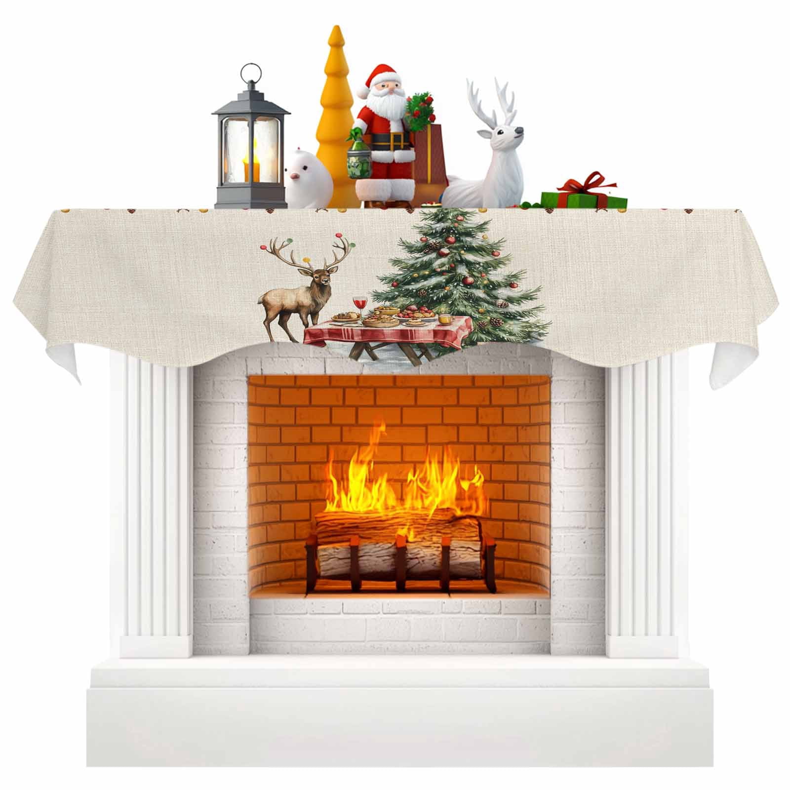 Christmas Fireplace Mantle Scarf, Xmas Tree Winter Deer Pine Fruits ...