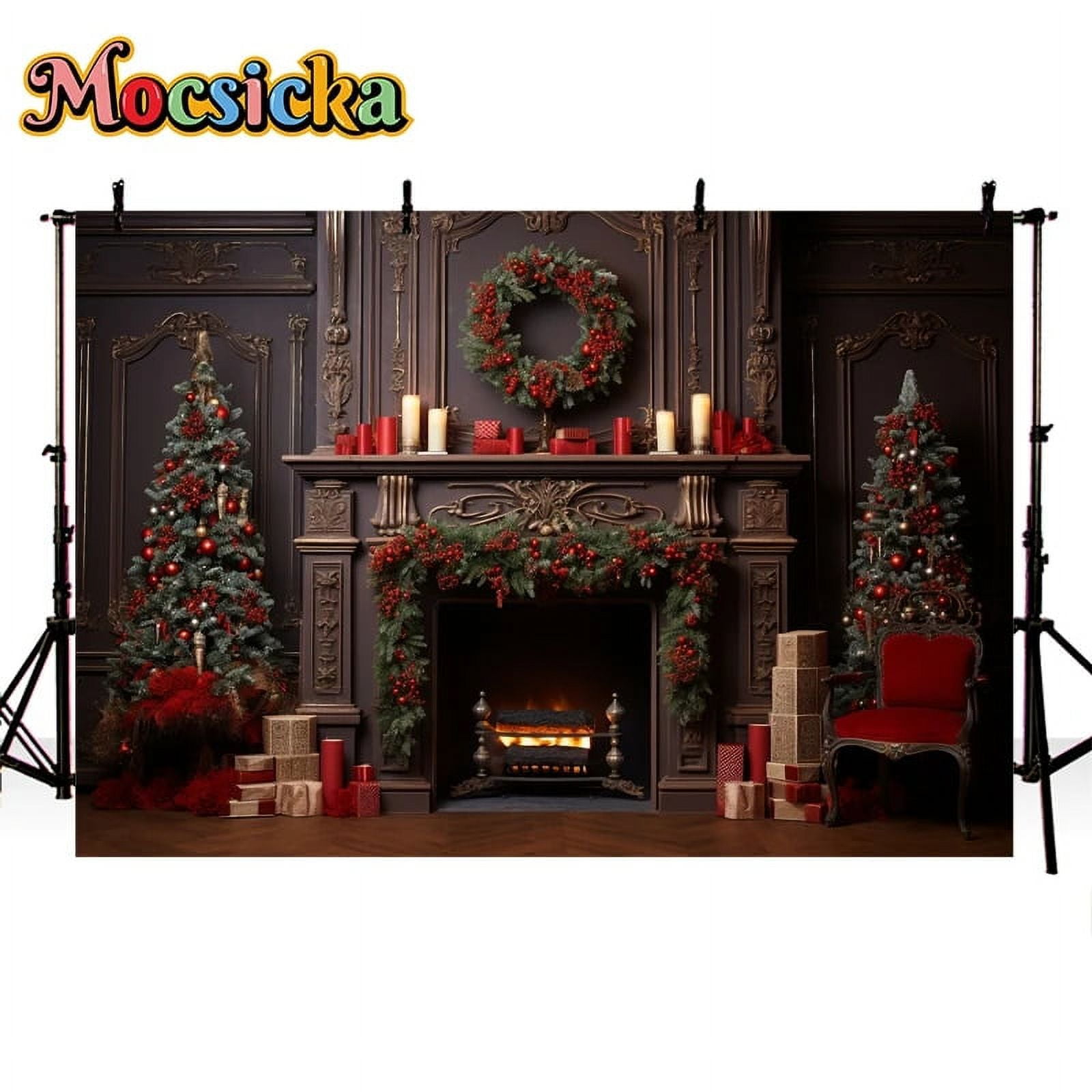Christmas Fireplace Photography Background Xmas Tree Red Blue Wall Decor Holiday Party Family ...