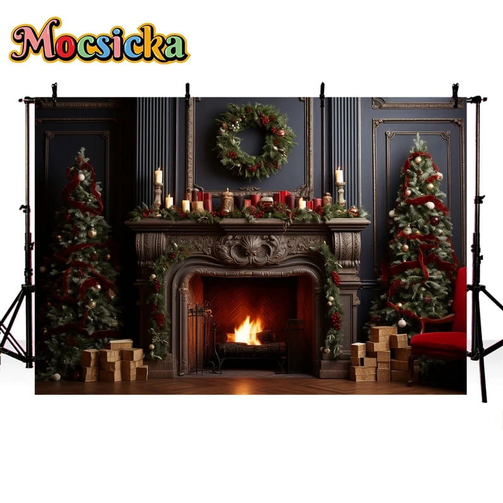Christmas Fireplace Photography Background Xmas Tree Red Blue Wall ...