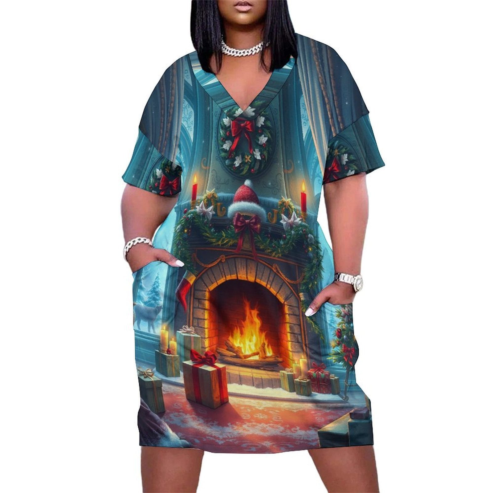 Christmas Fireplace Scene Loose Pocket Dress Elegant Women"s Dresses for Wedding Wedding Dresses ...