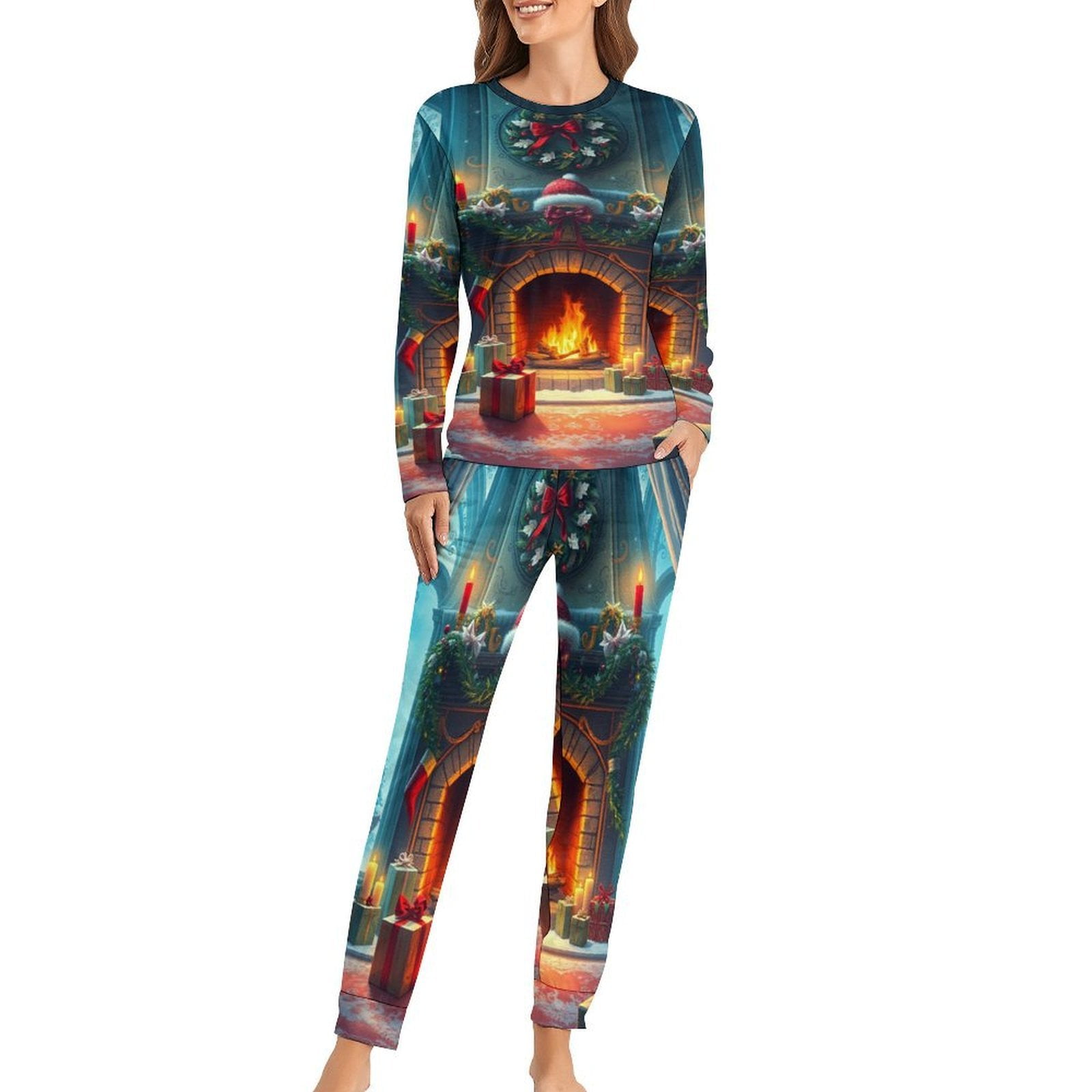 Christmas Fireplace Scene Pajamas Woman Long Sleeves Cute Pajama Sets ...