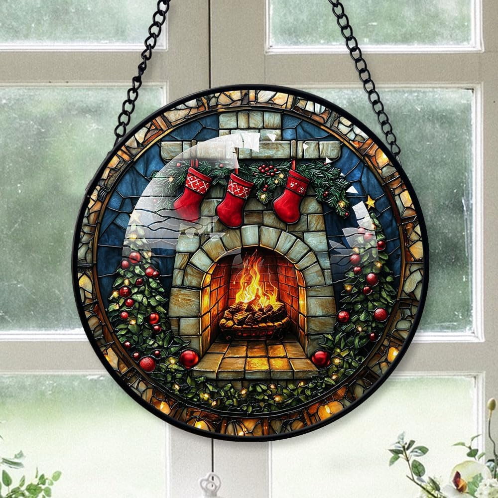 Christmas Fireplace Staned Glass Suncatcher, Christmas Fireplace ...