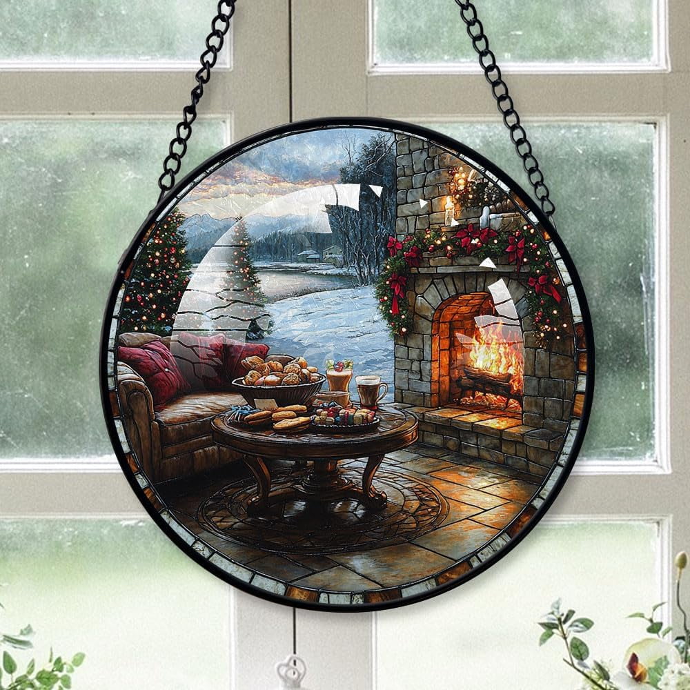 Christmas Fireplace Staned Glass Suncatcher, Christmas Fireplace ...