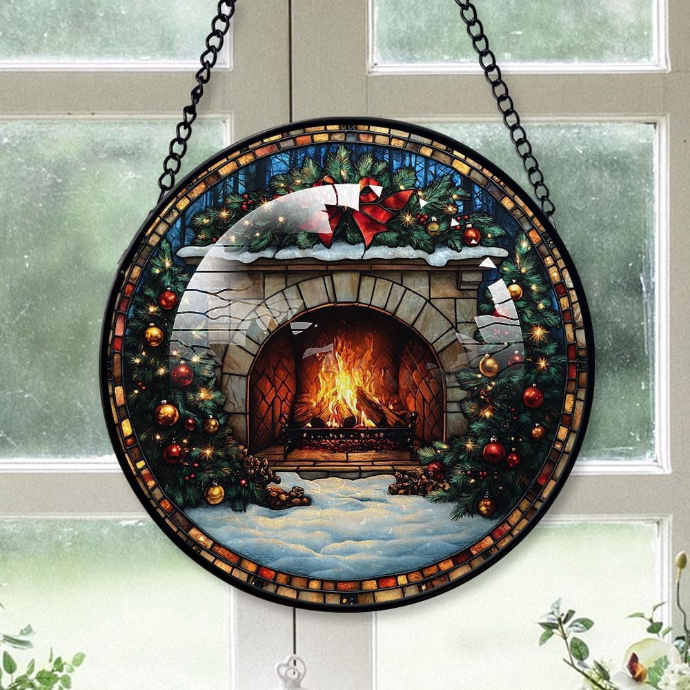 Christmas Fireplace Staned Glass Suncatcher, Christmas Fireplace ...