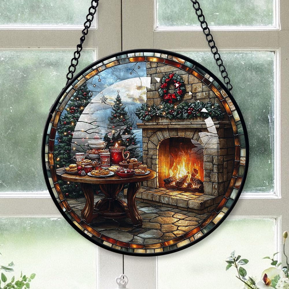 Christmas Fireplace Staned Glass Suncatcher, Christmas Fireplace ...