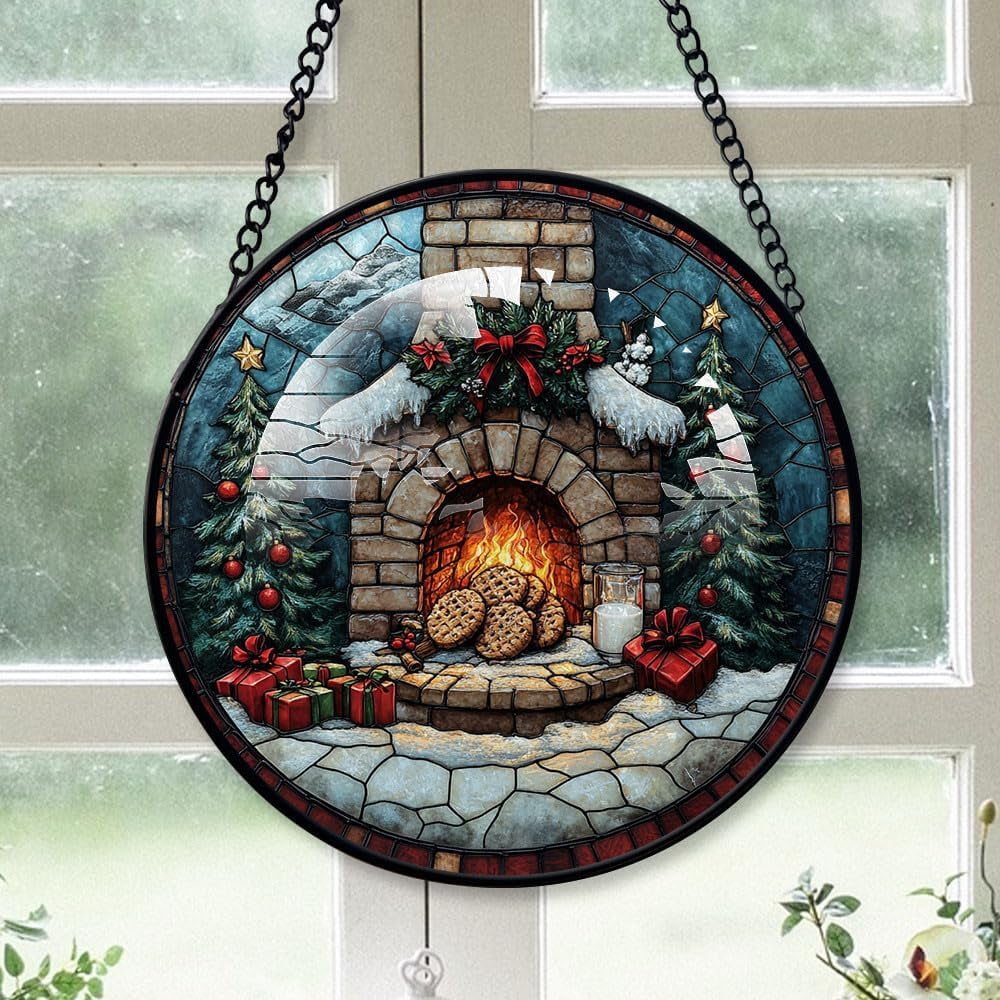 Christmas Fireplace Staned Glass Suncatcher, Christmas Fireplace ...